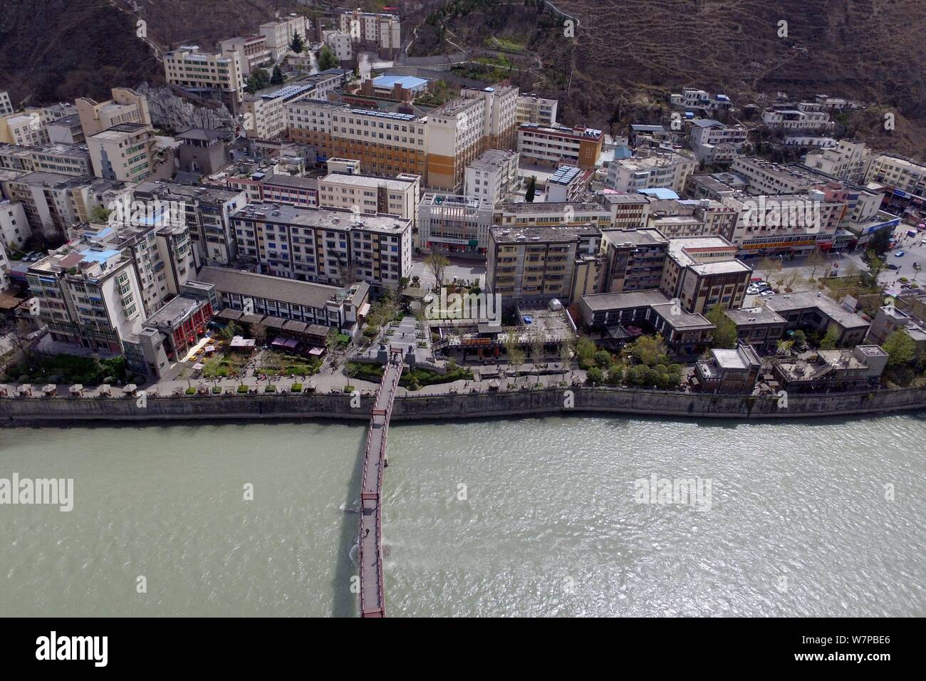Aerial view of houses along the Minjiang River in the rebuilt Wenchuan ...