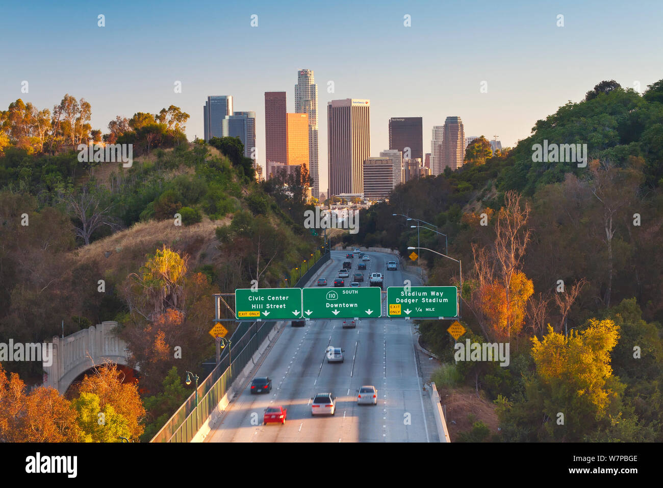 Pasadena Freeway, CA Highway 110, leading into downtown Los Angeles ...