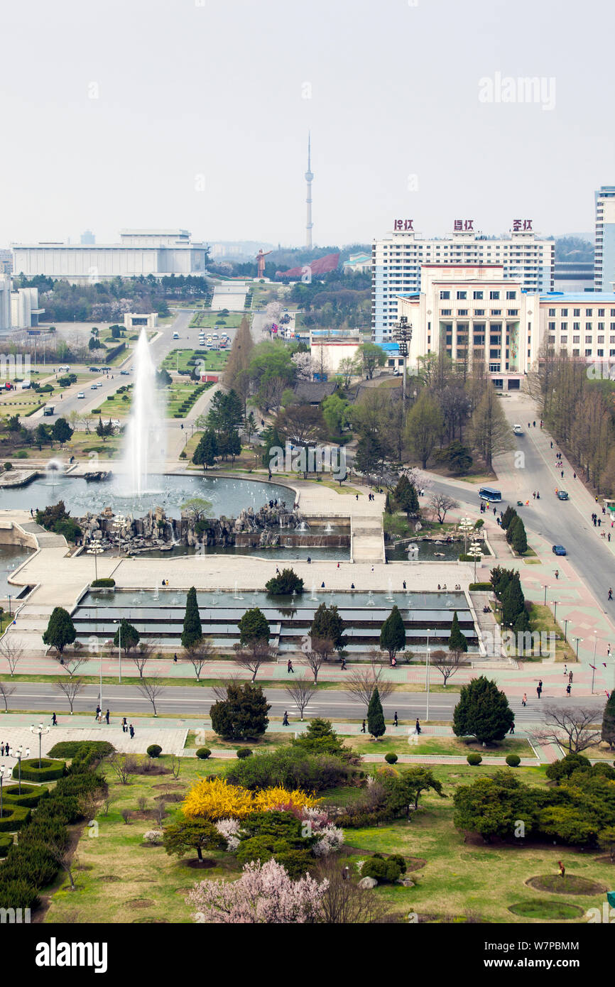 Elevated view over the city skyline of Pyongyang, Democratic Peoples ...