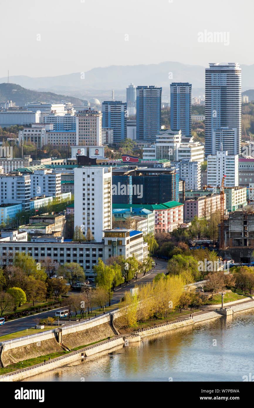 Elevated city skyline of Pyongyang and the Taedong river, Democratic ...