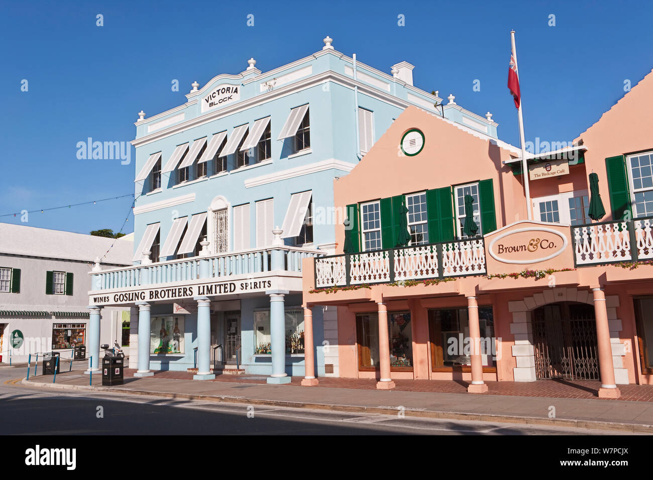 Pastel coloured architecture along Front Street, the main street in ...