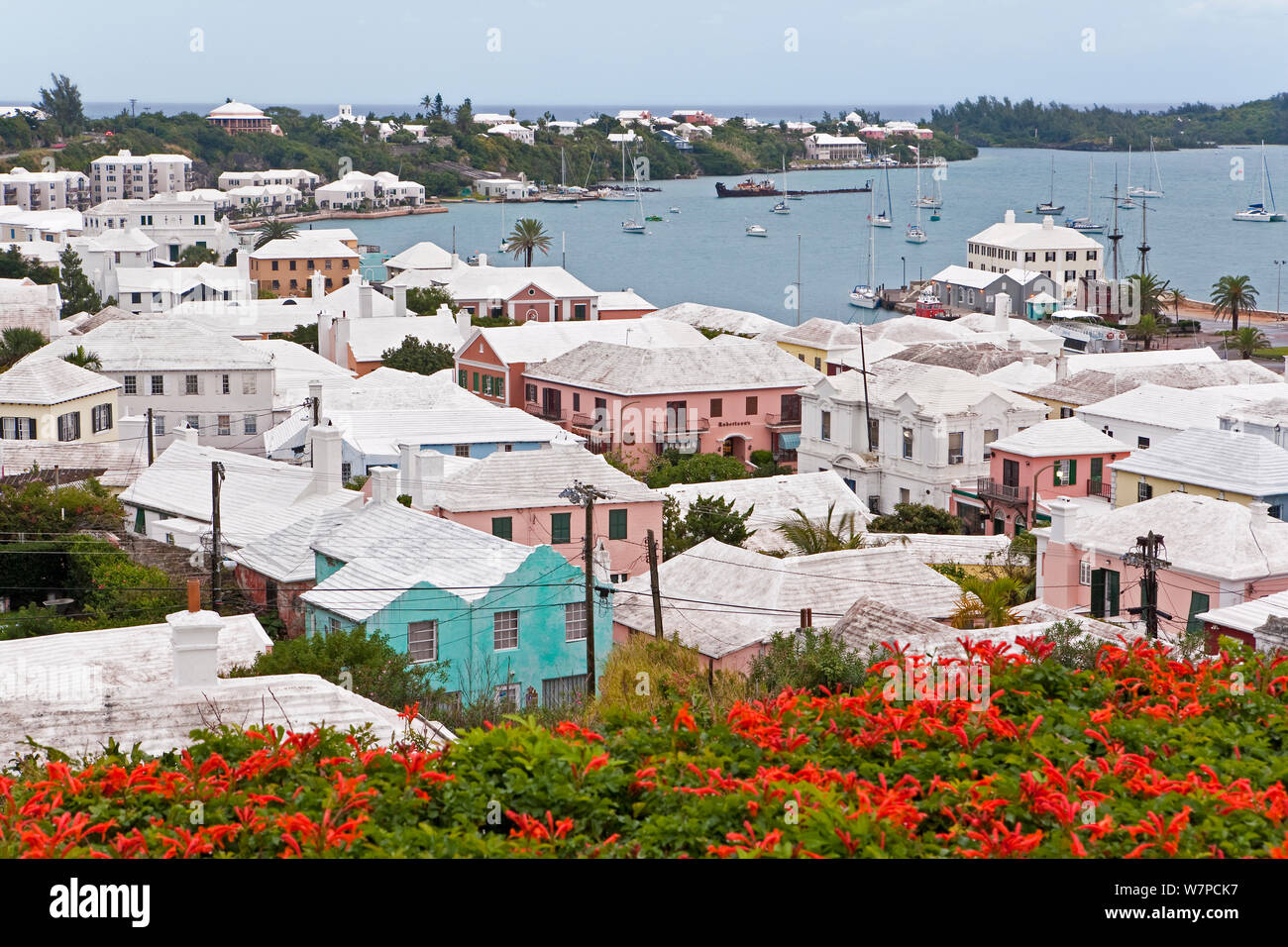 Elevated view over the harbour and white stone roofed pastel coloured ...