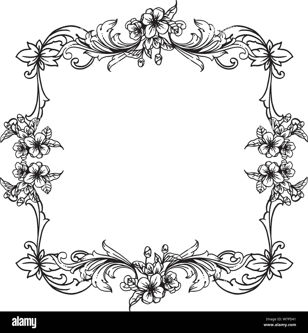 Graphic of leaf flower frame, in a black and white colors, ornate of ...