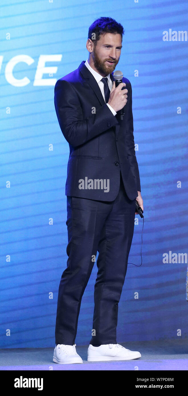 Argentinian striker Lionel Messi of FC Barcelona attends a press ...