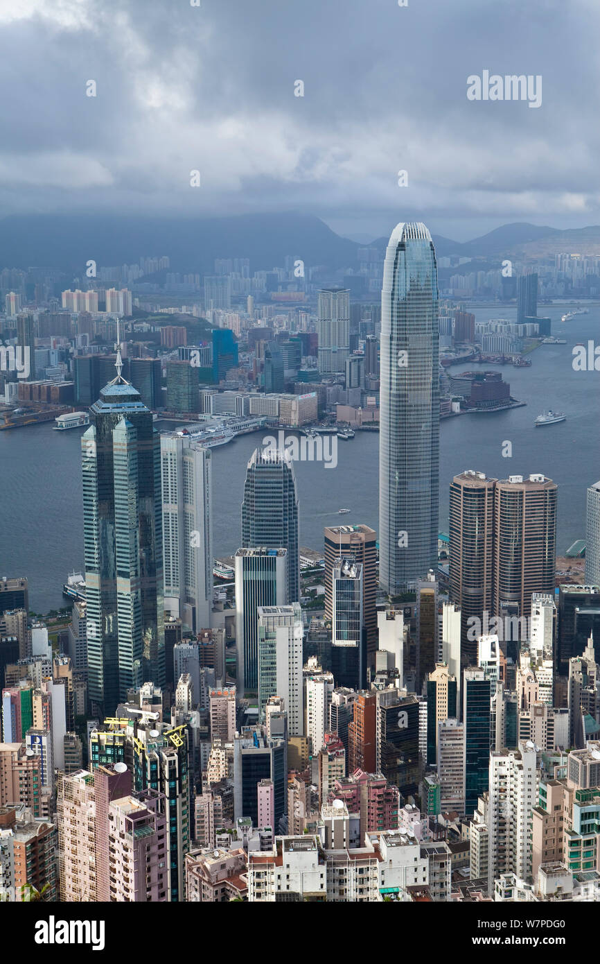 View over Hong Kong from Victoria Peak, the illuminated skyline of Central sits below The Peak ...