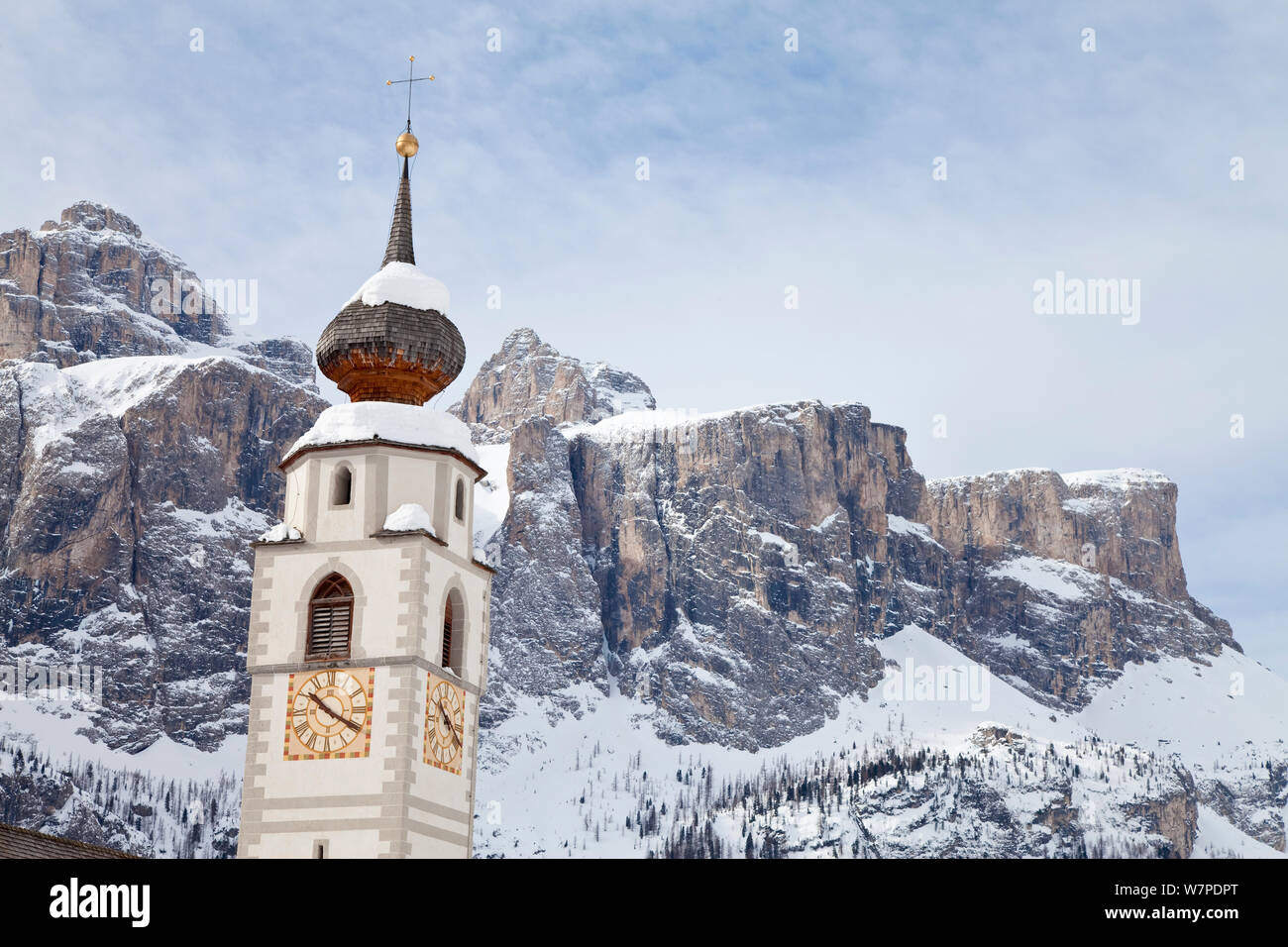 The church and village of Colfosco in Badia (1645m) and Sella Massif ...