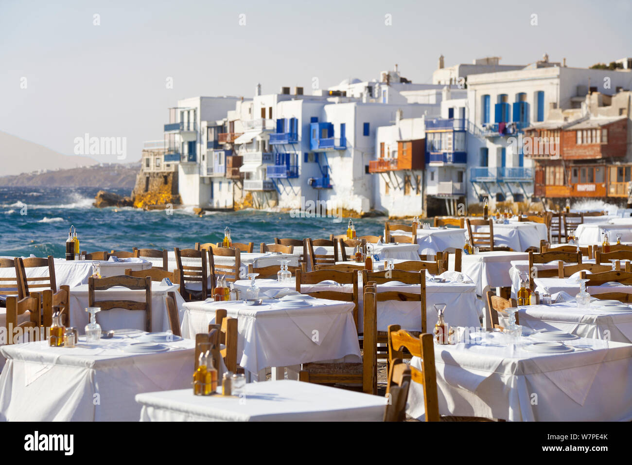 Seaside cafe at Little Venice, Mykonos (Hora), Cyclades Islands, Greece ...