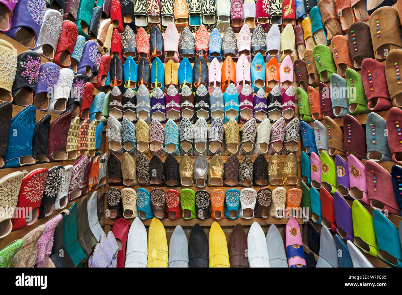 Soft leather Moroccan slippers in the Souk, Medina, Marrakech, Morocco ...