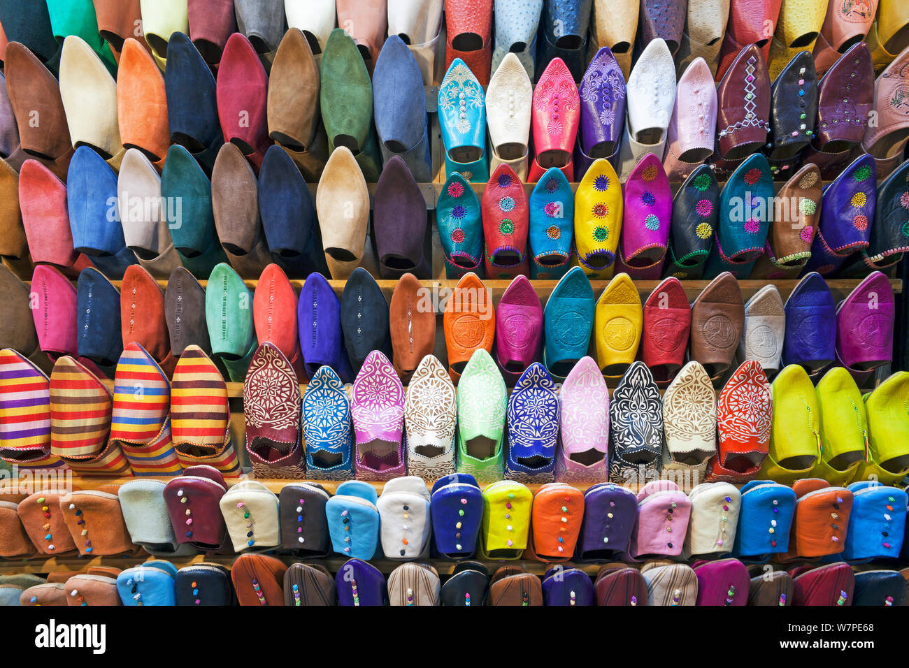 Soft leather Moroccan slippers in the Souk, Medina, Marrakech, Morocco ...