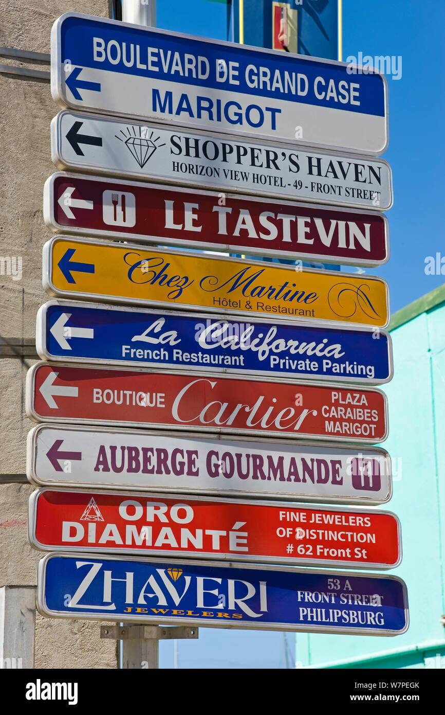 Street signs in Grand-Case on the French side, St Martin, Netherland ...