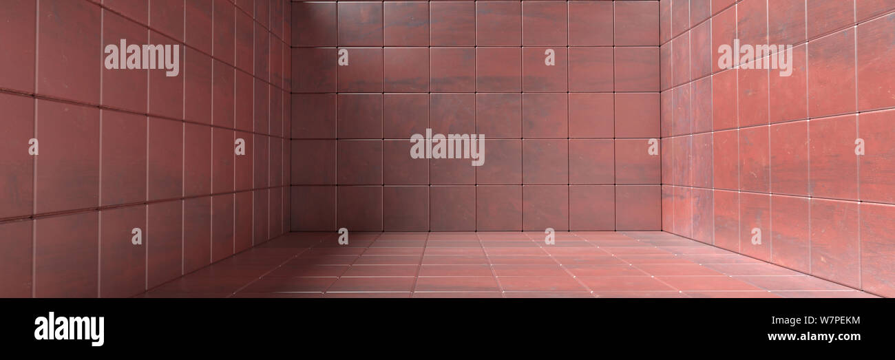 Empty room, floor and walls tiled pattern, Metal red color background ...