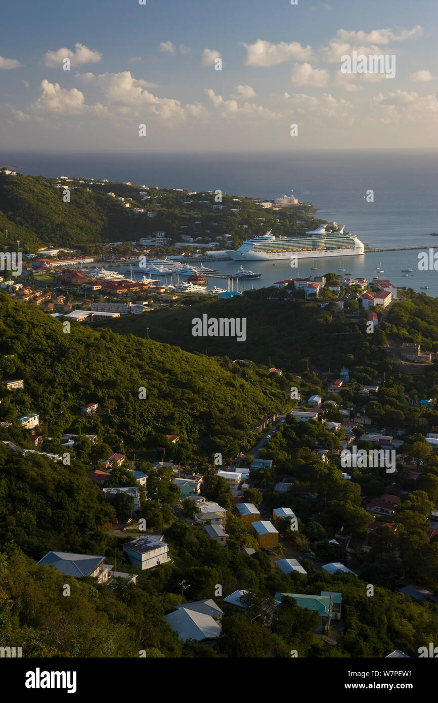 Elevated view in evening over Charlotte Amalie and the Cruise Ship dock ...