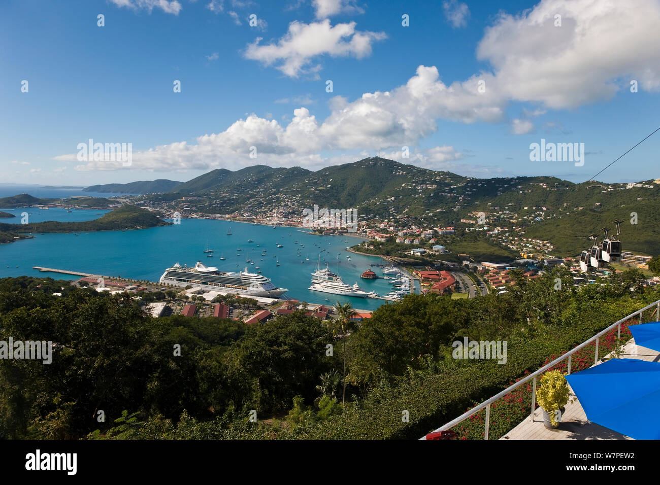 Elevated view over Charlotte Amalie and the cruise ship dock, St Thomas ...