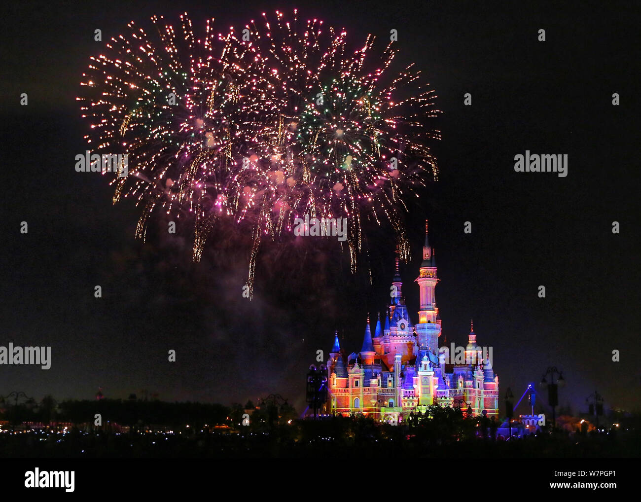 Fireworks explode over the Disney Castle during the first anniversary ...