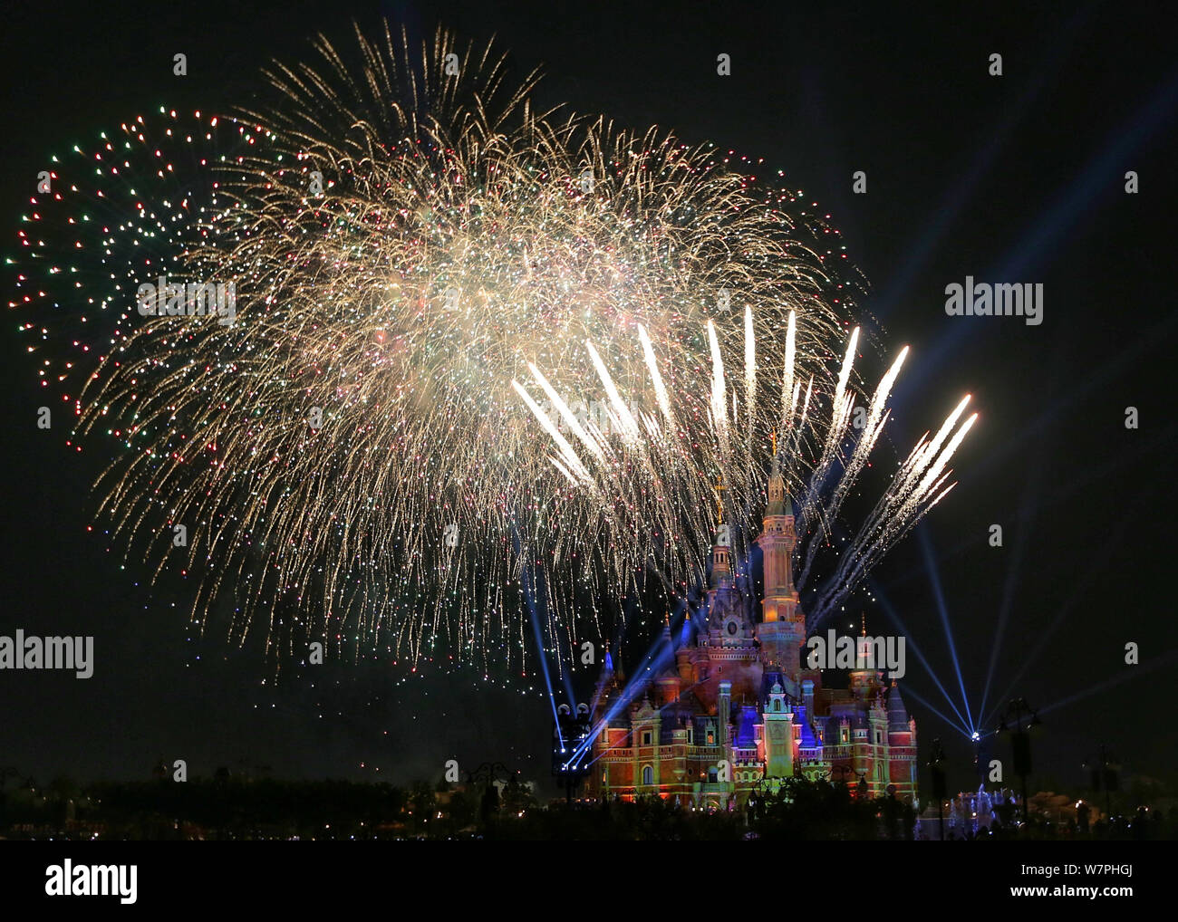 Fireworks explode over the Disney Castle during the first anniversary ...
