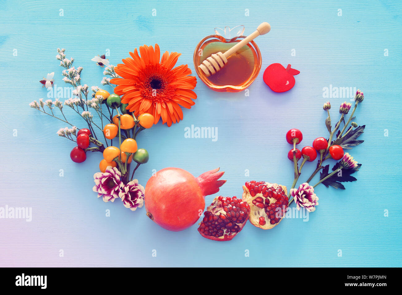 religion image of Rosh hashanah (jewish New Year holiday) concept. Traditional symbols over ...