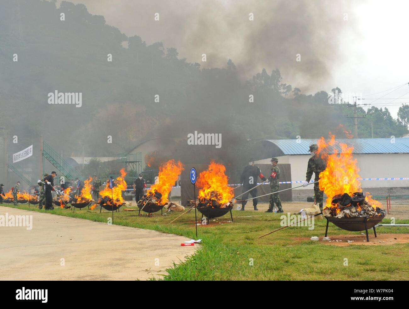 Police officers burn over confiscated drugs during an anti-drug ...