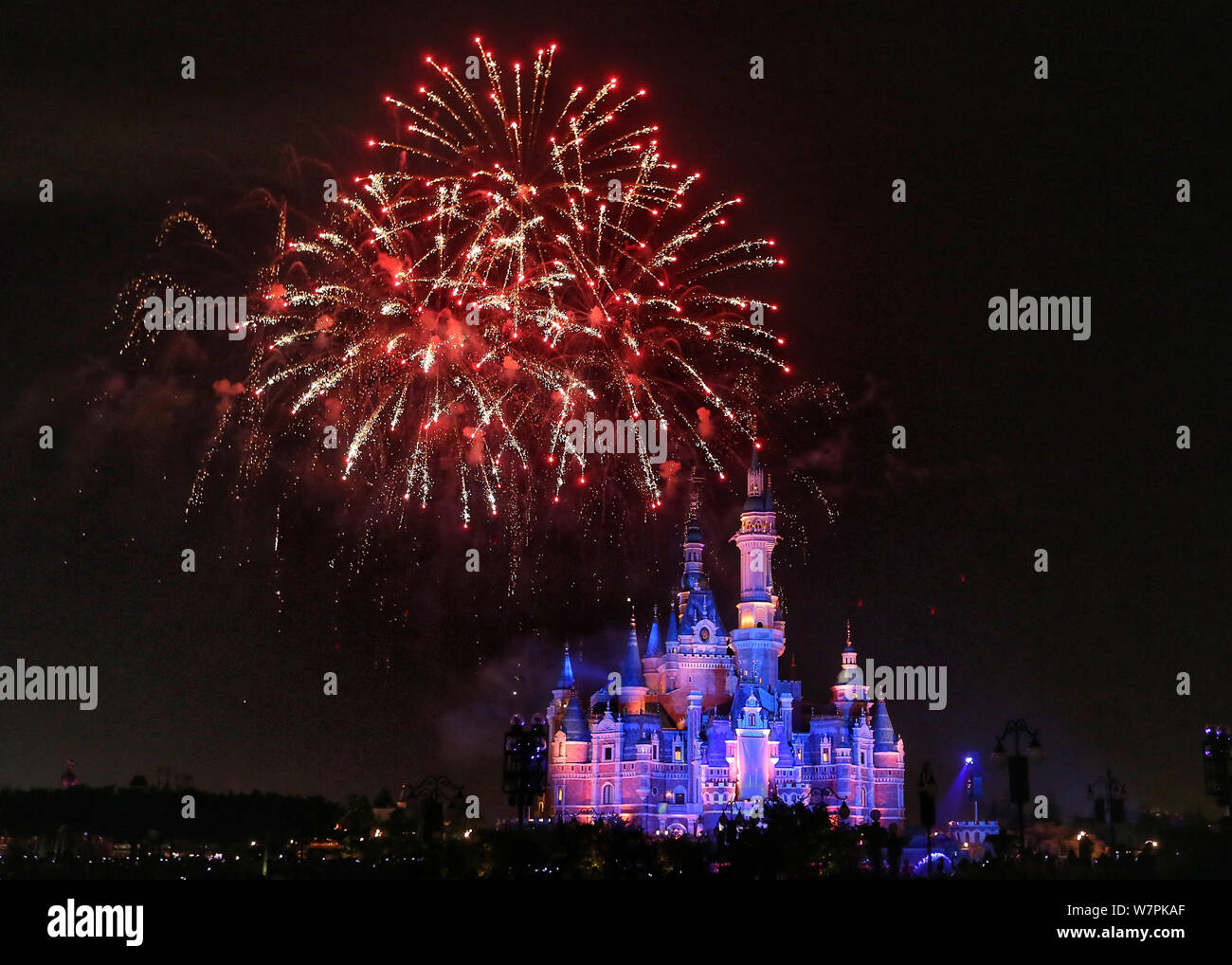 Fireworks explode over the Disney Castle during the first anniversary ...