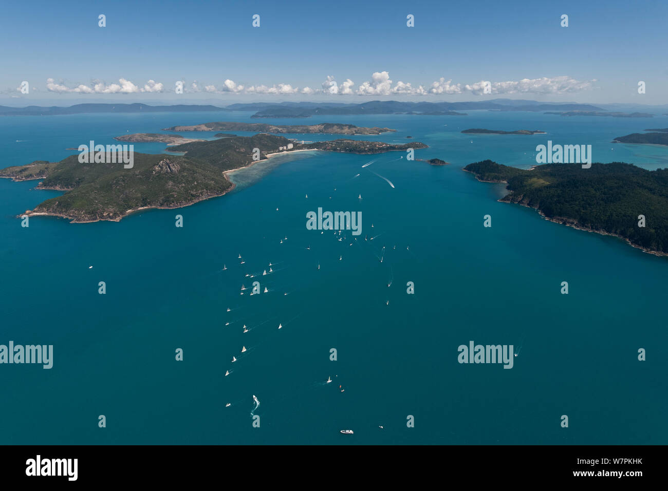 Aerial view of Hamilton Island sailing race, off the coast of ...