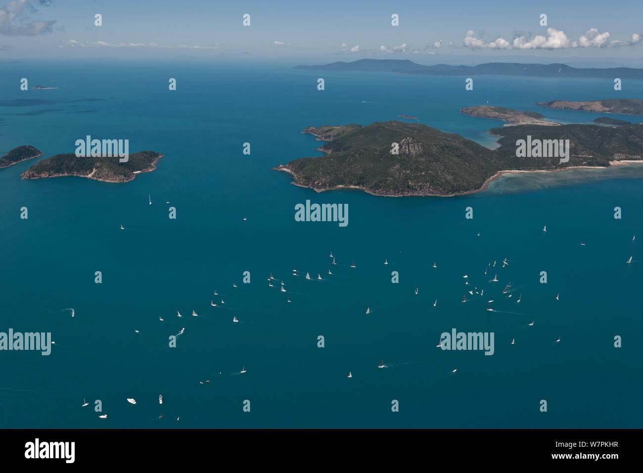 Aerial view of Hamilton Island sailing race, off the coast of ...