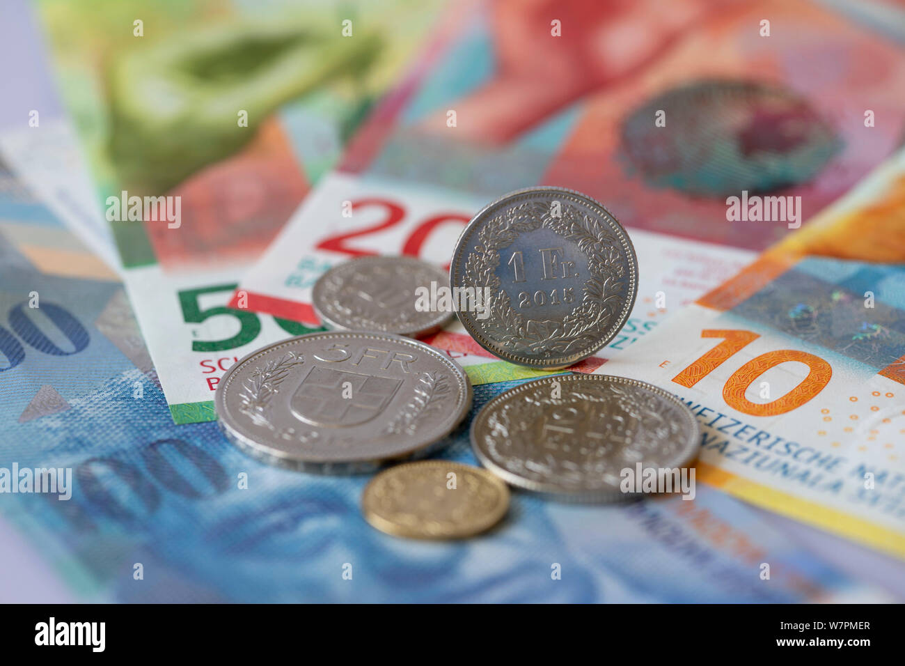 Cologne, Deutschland. 05th Aug, 2019. Swiss franc banknotes and coins ...