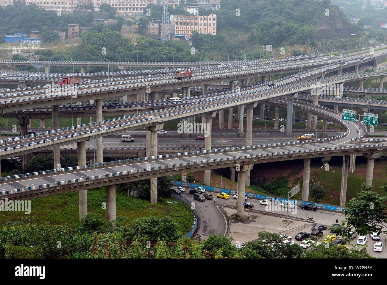 Aerial view of the five-story structure Huangjuewan Flyover in ...