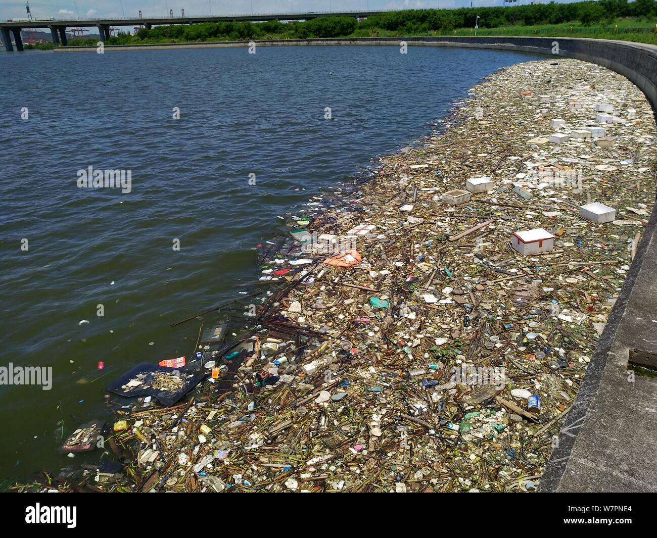 View of garbage floating at the Qianhaiwan in Shenzhen city, south ...