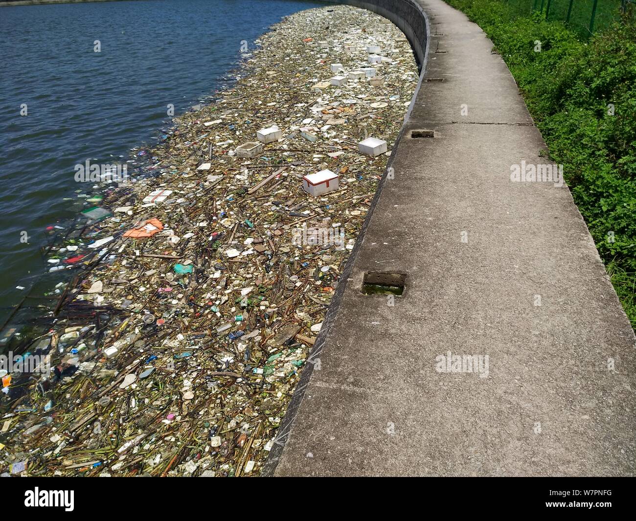 View of garbage floating at the Qianhaiwan in Shenzhen city, south ...