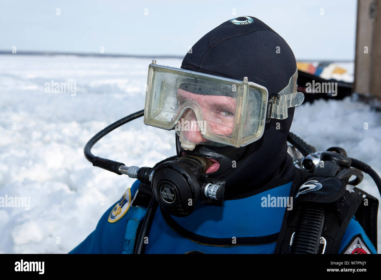 Scuba diver ready to go diving under the ice, Arctic circle Dive Center ...