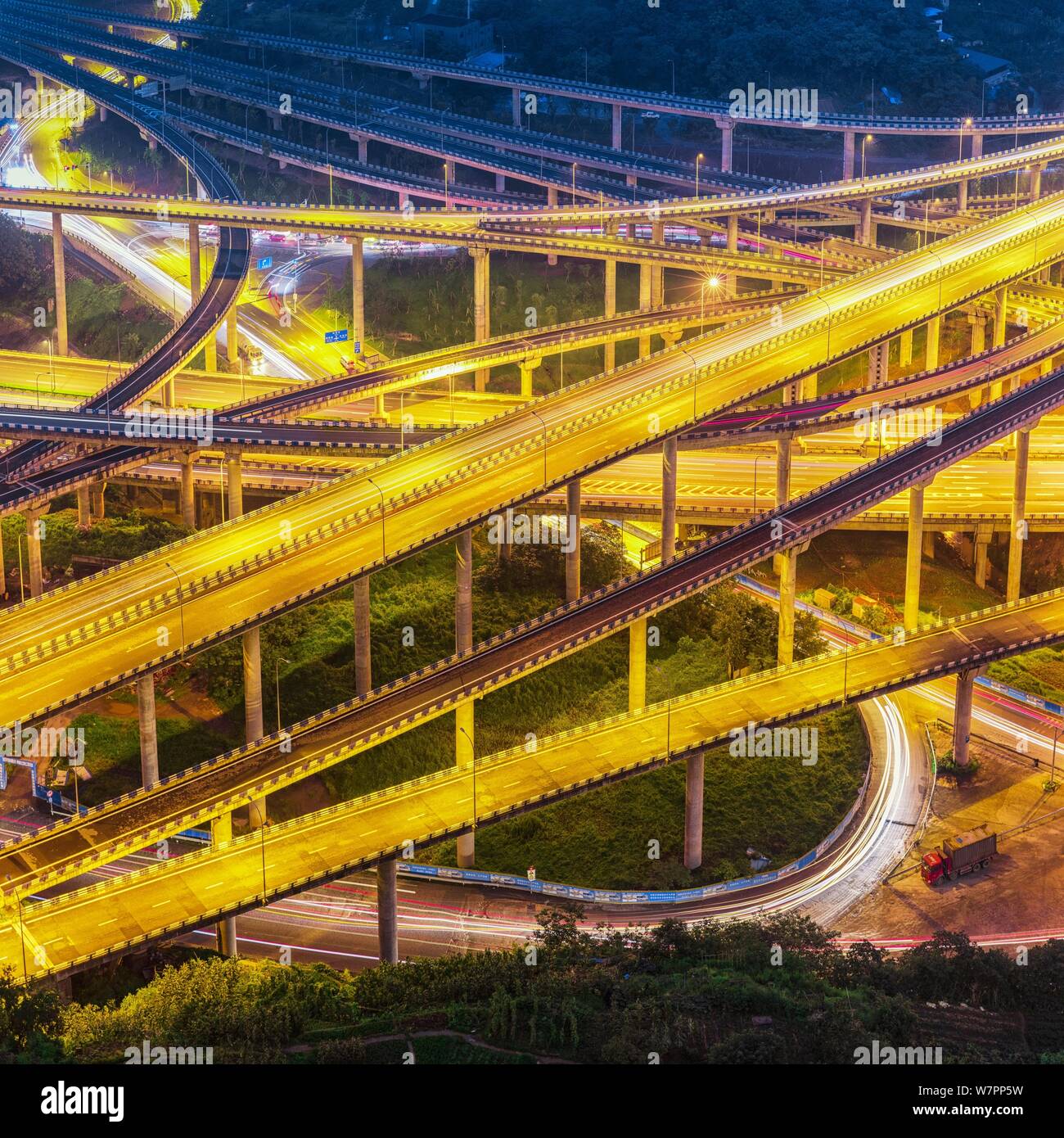 Aerial view of the five-level Huangjuewan Overpass at night in the Nan ...