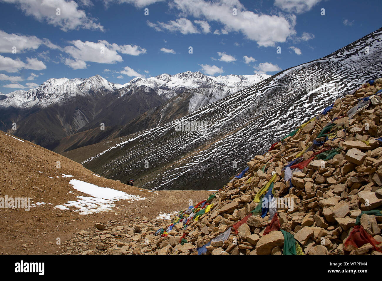 Prayer flags left on slopes, with view to the South East down the ...