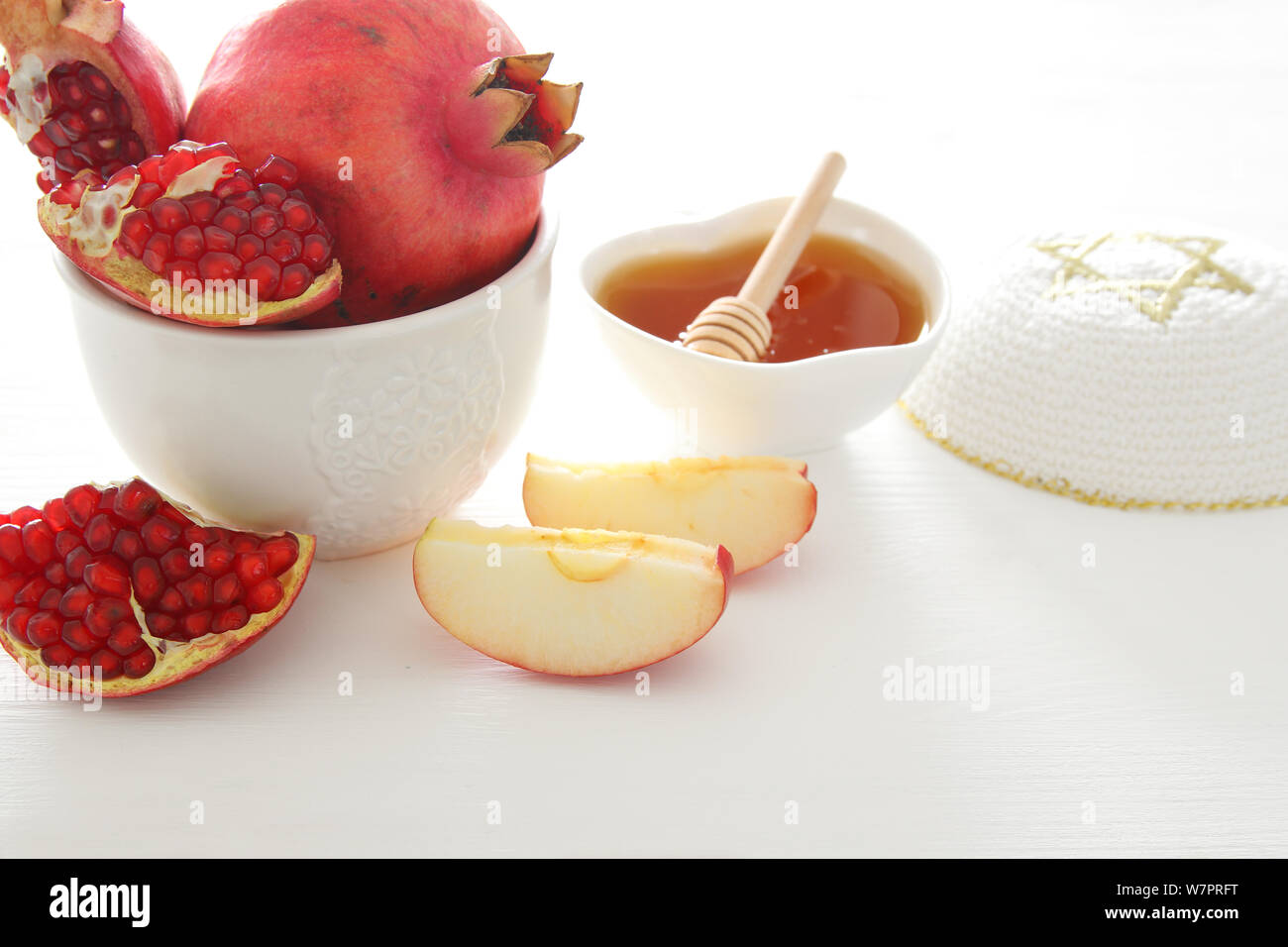 religion image of Rosh hashanah (jewish New Year holiday) concept. Traditional symbols over ...