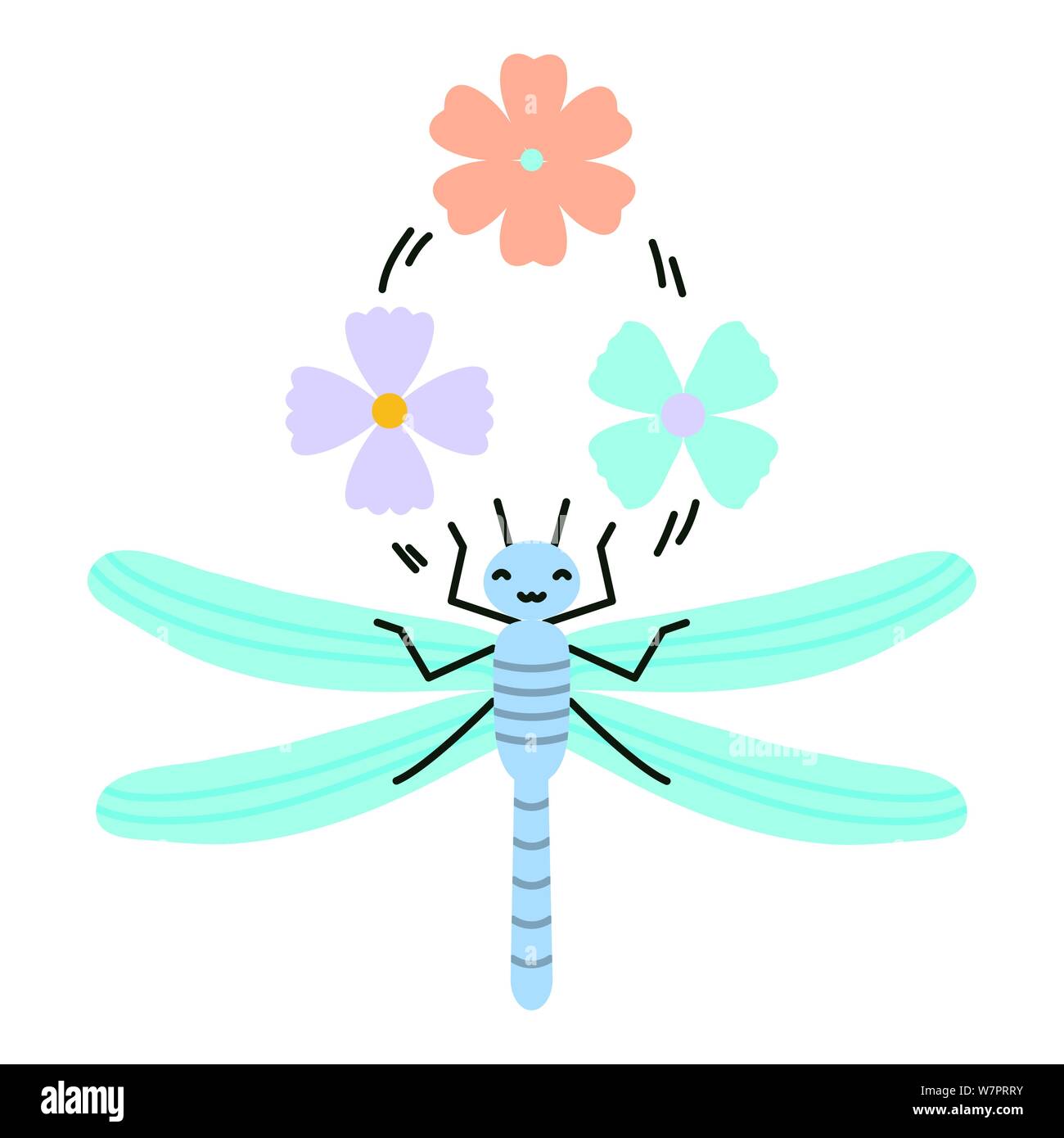 flowers garden with little dragon fly kawaii character vector ...