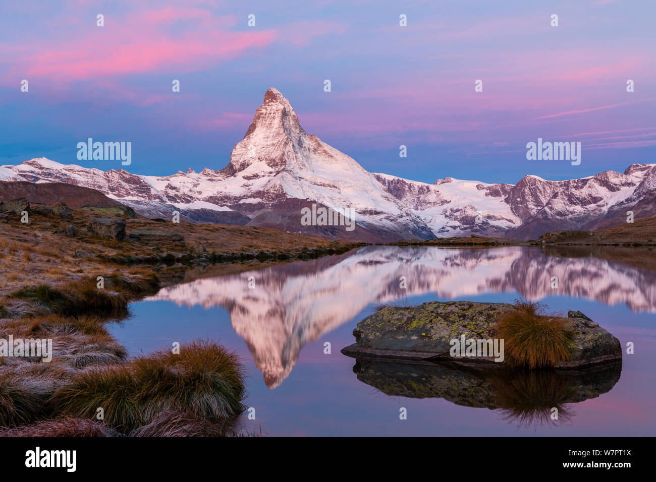 Matterhorn (height 4,478m) at sunrise, with reflection in Lake ...