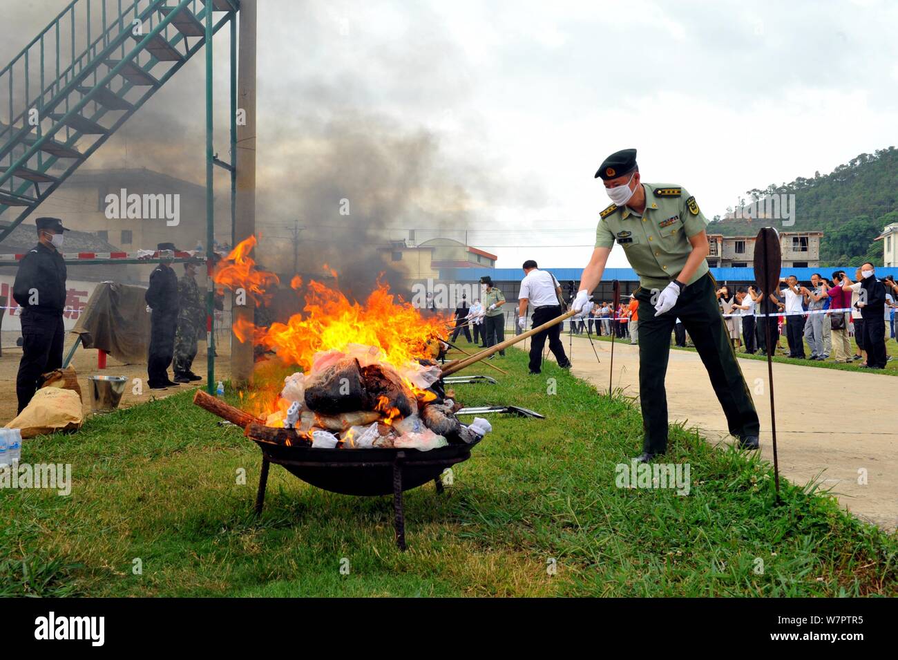 Police officers burn over confiscated drugs during an anti-drug ...