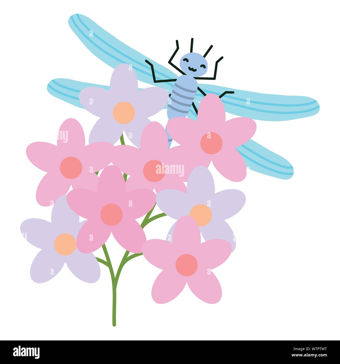 flowers garden with little dragon fly kawaii character vector ...