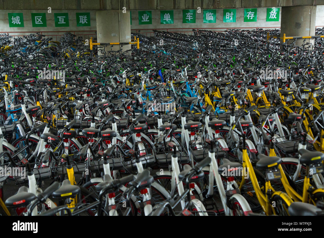 Bicycles of Chinese bike-sharing services are lined up at a parking lot ...