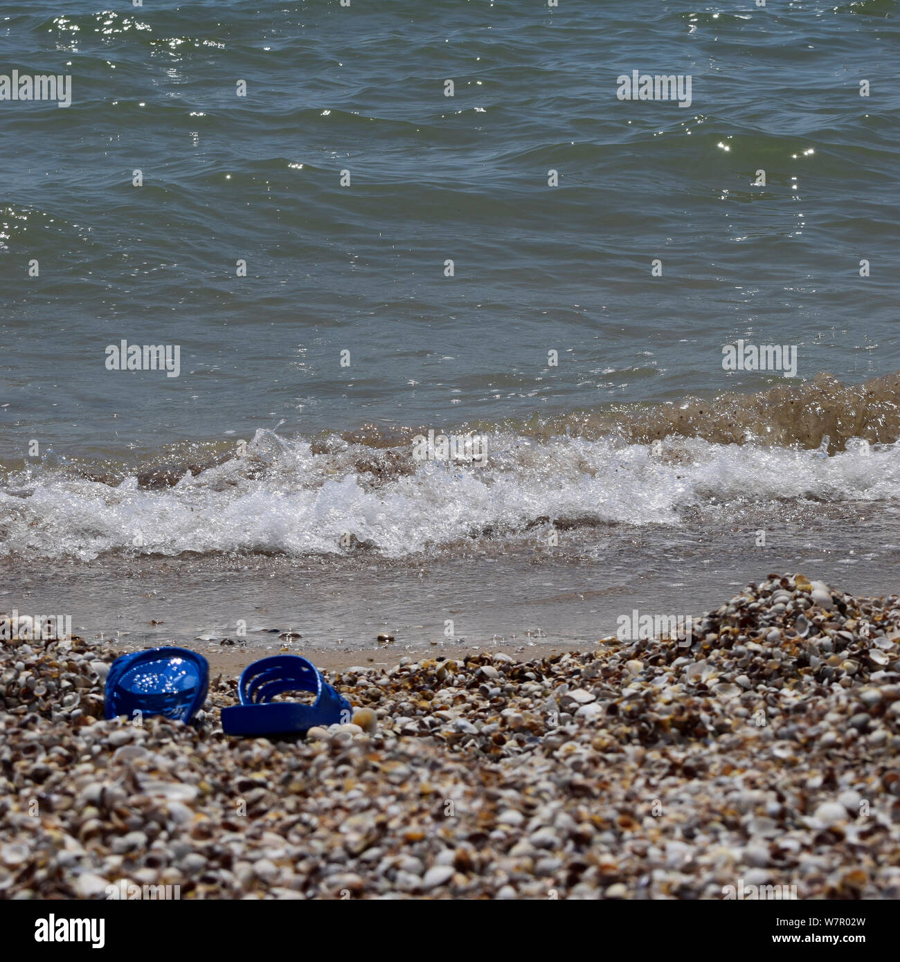 Summer slippers on the beach near the water. Sea shells on a sunny day ...