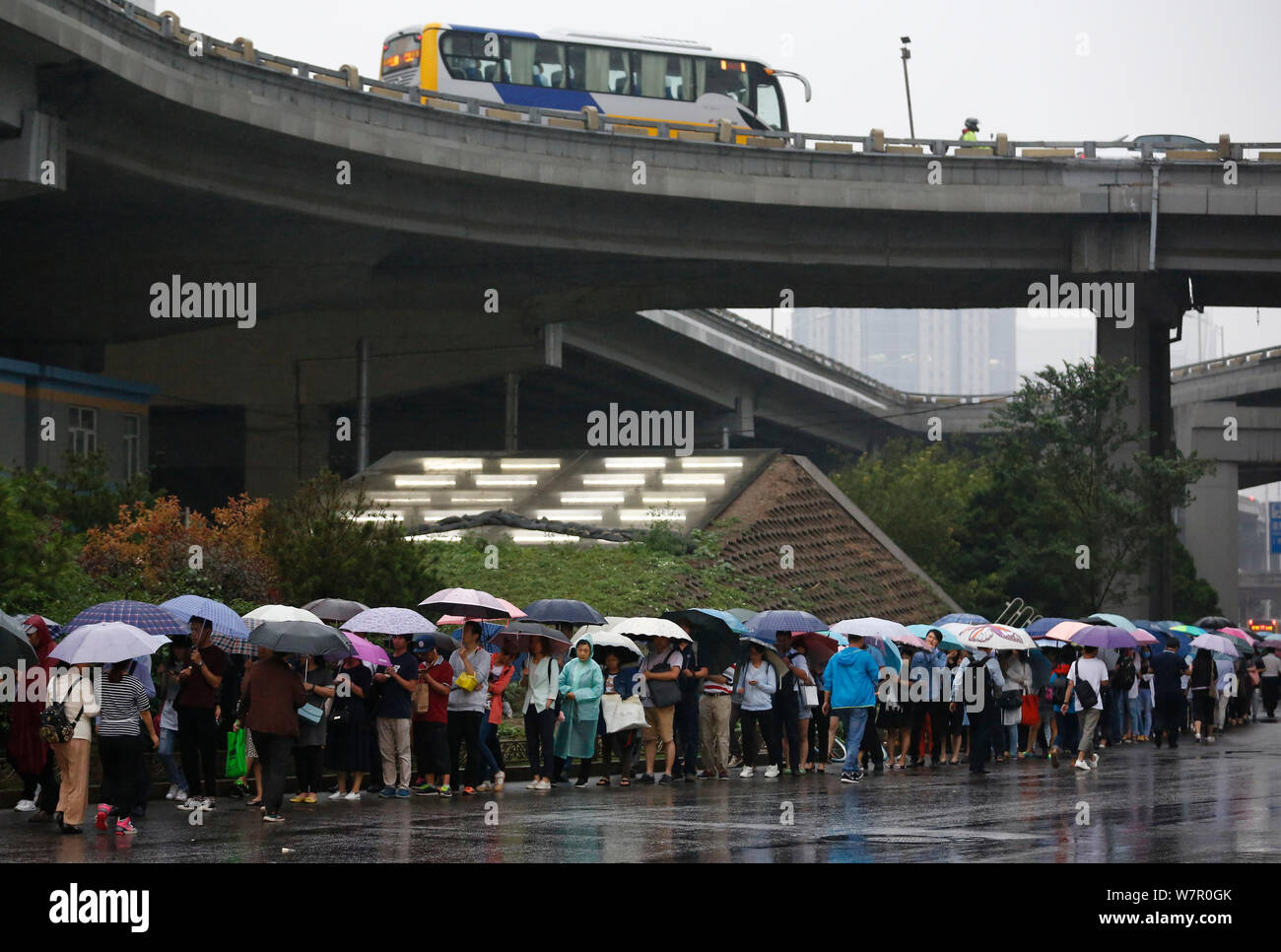 Chinese commuters shield themselves with umbrellas from heavy rain as ...