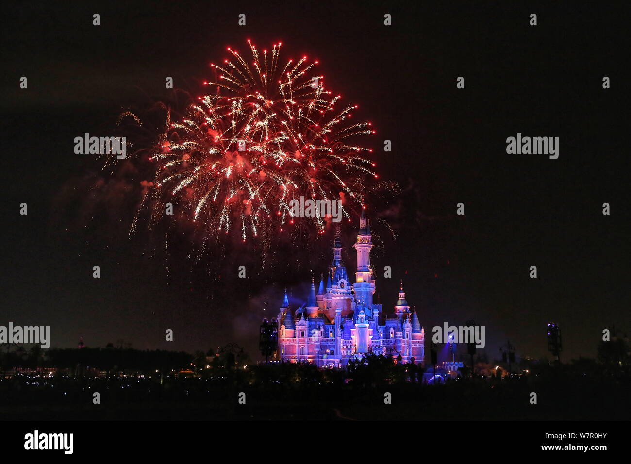Fireworks explode over the Disney Castle during the first anniversary ...