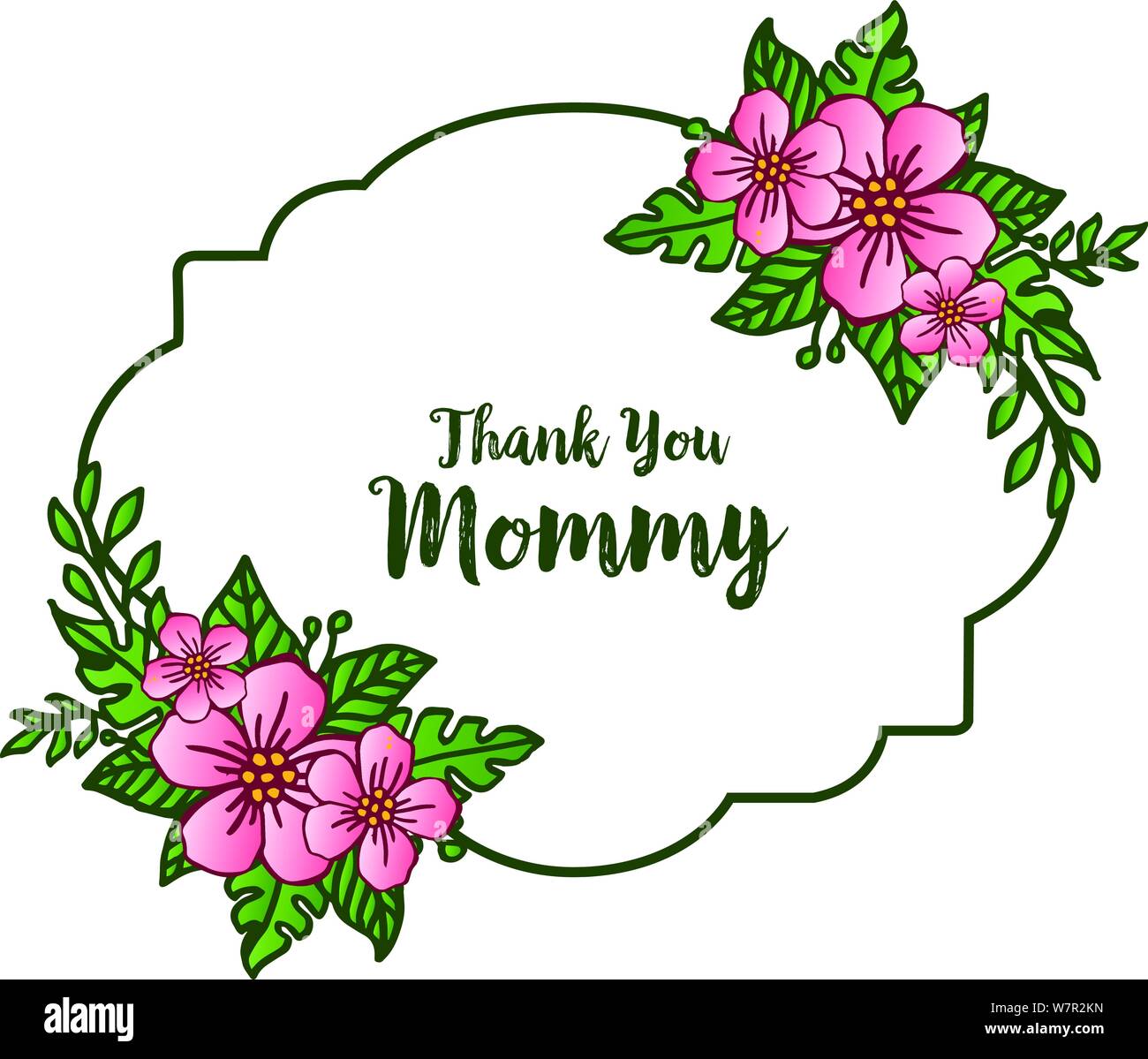 Design Of Greeting Card Thank You Mommy With Various Crowd Of Green Leafy Floral Frame Vector