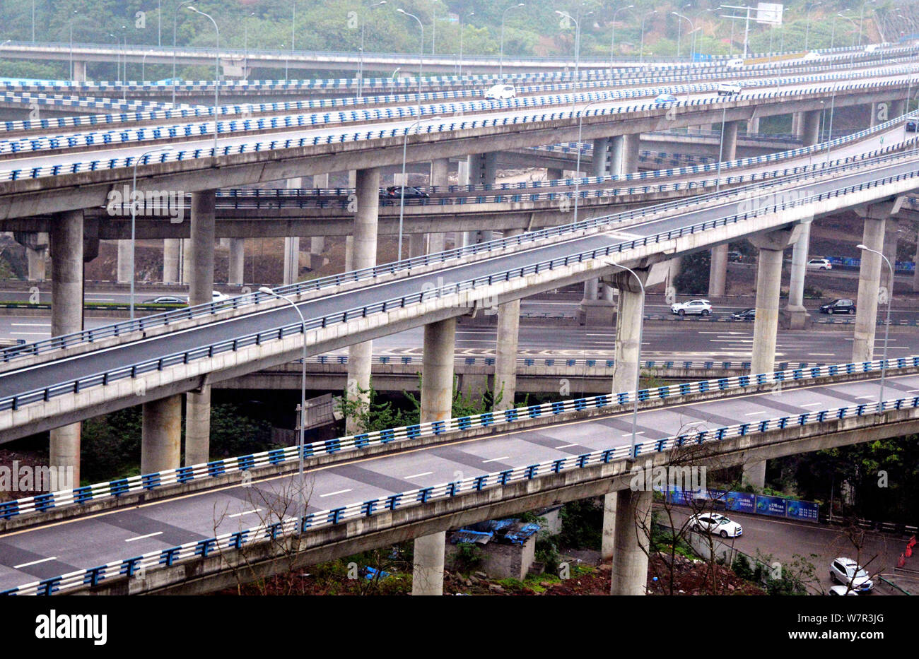 View of the five-story structure Huangjuewan Flyover in Chongqing ...
