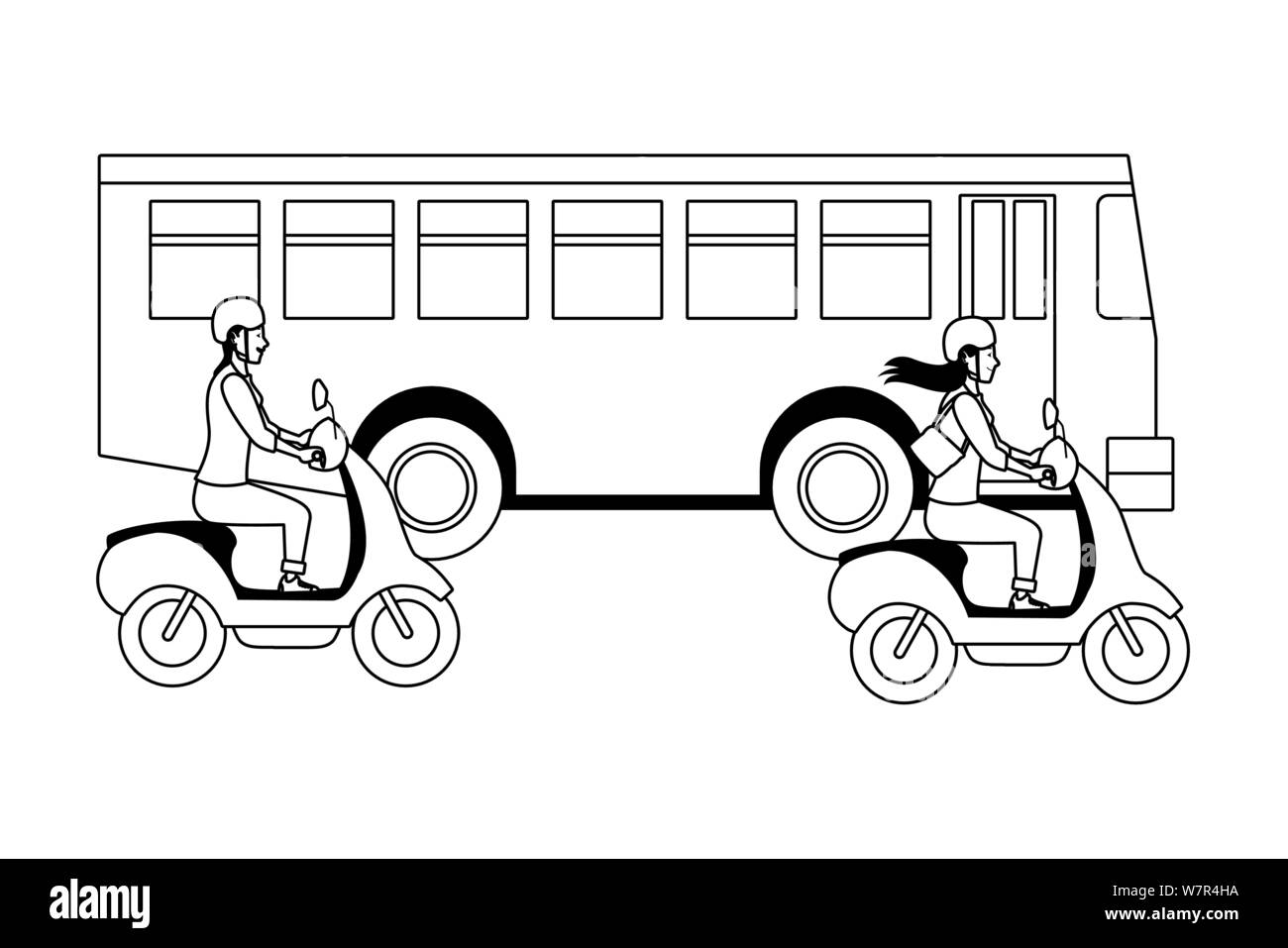 Vehicles and motorcycles with drivers riding in black and white Stock ...