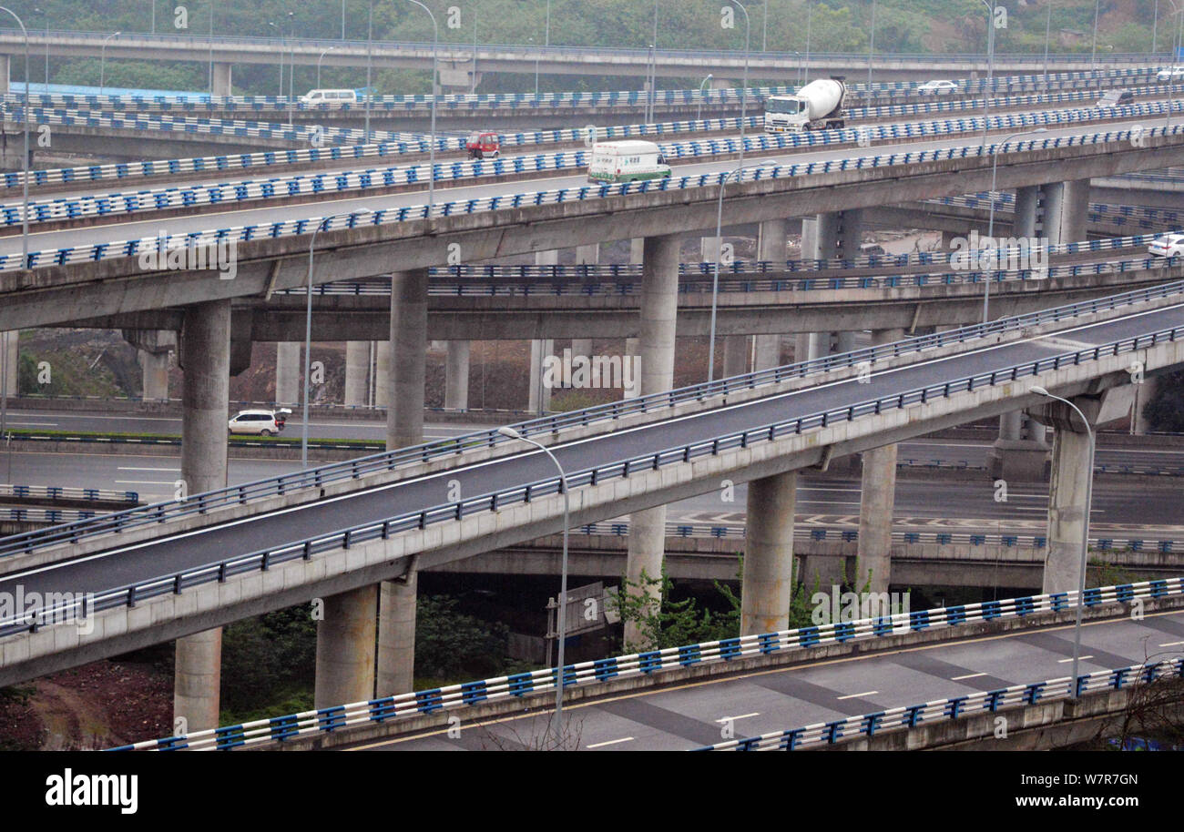 View of the five-story structure Huangjuewan Flyover in Chongqing ...