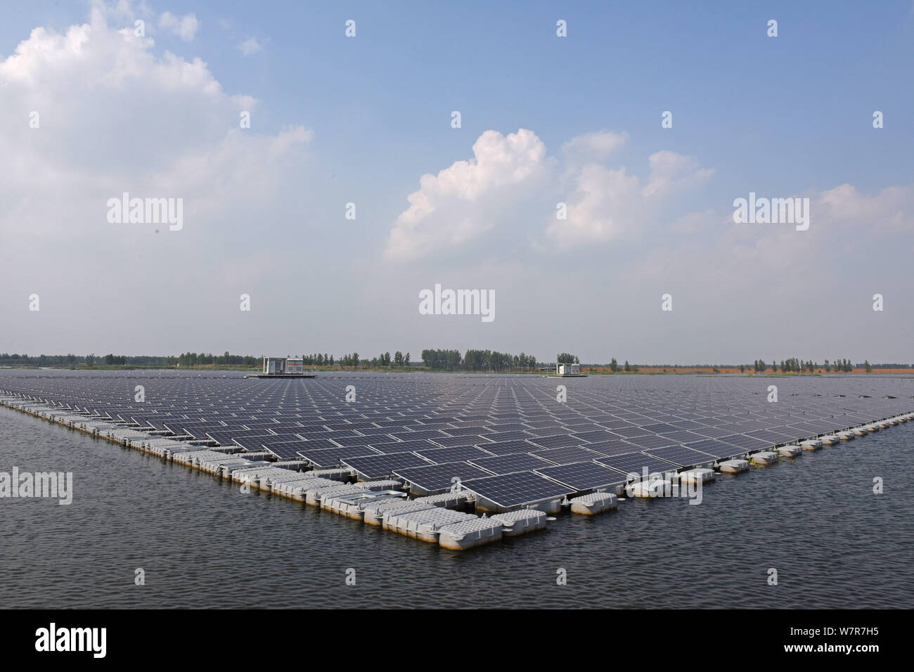 View of solar panels in the world's largest floating solar energy plant with a capacity of 40 ...