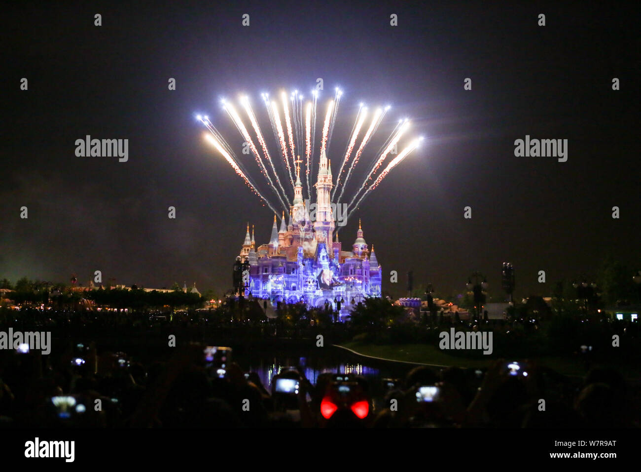 Fireworks explode over the Disney Castle during the first anniversary ...