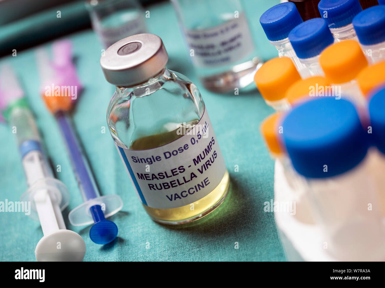 Different vials of triple viral vaccine of measles, rubella and mumps ...