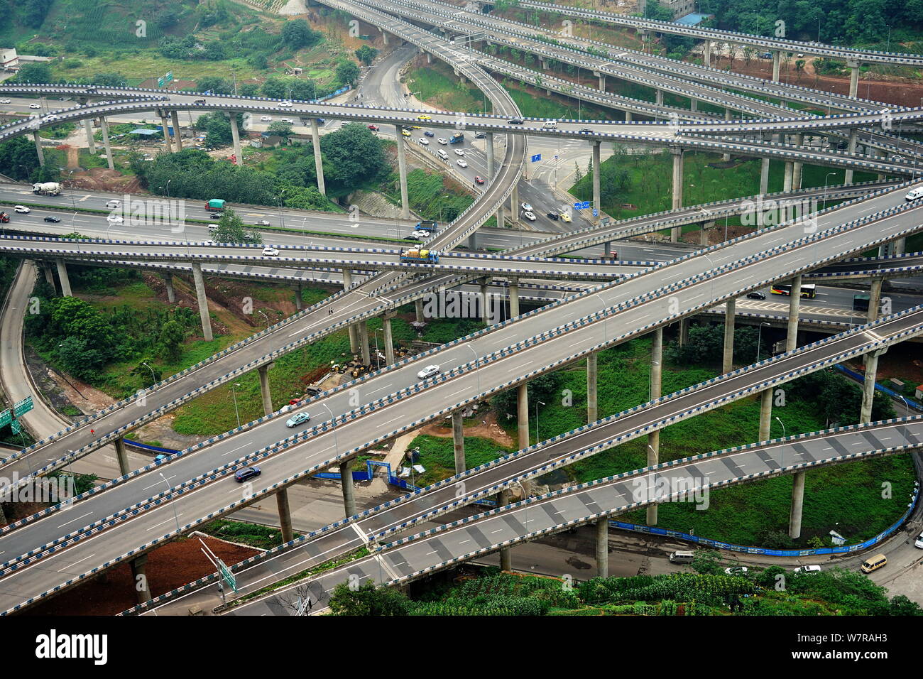 Aerial view of the five-story structure Huangjuewan Flyover in ...