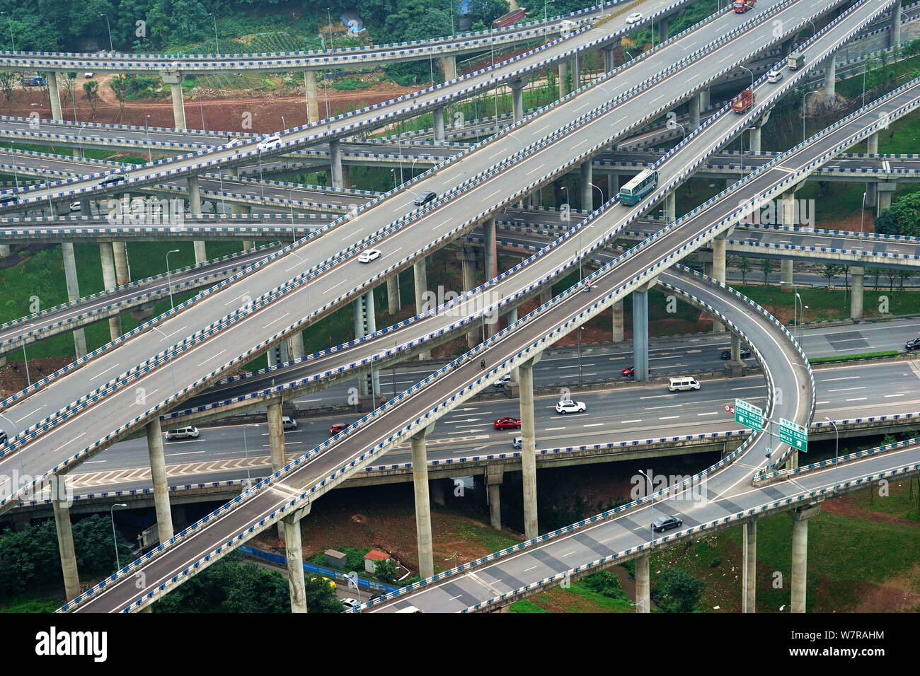 Aerial view of the five-story structure Huangjuewan Flyover in Chongqing, China, 1 June 2017 ...