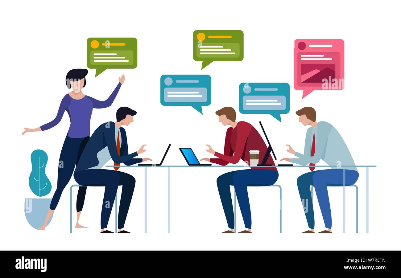 Chat Group Speech Bubble Business People Working In Office Talk To Each Other Vector 